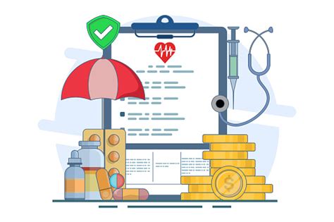 의료 개념은 공동 부담금 보장 범위 및 공제액을 주제로 매력적인 시각 자료를 통해 설명되며 금융 요소와의 상호 작용을 특징으로 하며 배경에 평면 벡터 그림이 있습니다 가격에