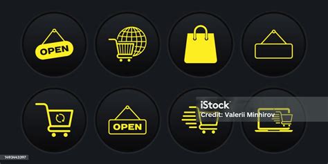 새로 고침 쇼핑 카트 간판 걸기 열린 문 쇼핑 핸드백 지구본 노트북 및 아이콘으로 교수형 표지판을 설정합니다 벡터 0명에 대한 스톡 벡터 아트 및 기타 이미지 Istock