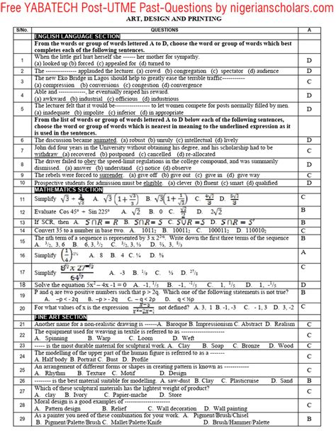 Yabatech Post Utme Past Questions Pdf Mathematics