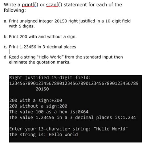 Solved Write A Printf Or Scanf Statement For Each Of The