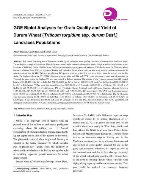 Pdf Gge Biplot Analyses For Grain Quality And Yield Of Durum Wheat Triticum Turgidum Ssp