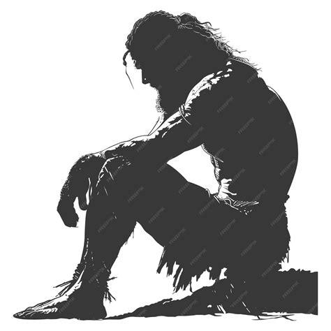 silhouette ancient caveman black color only full body premium ai