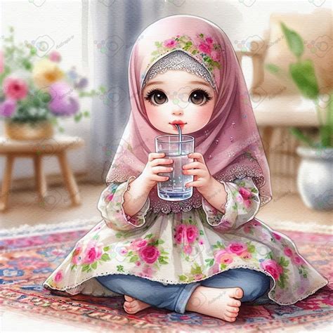 بک گراند کودکانه دختر ناز با حجاب در حال نوشیدن آب کد 42649ویژه عکس