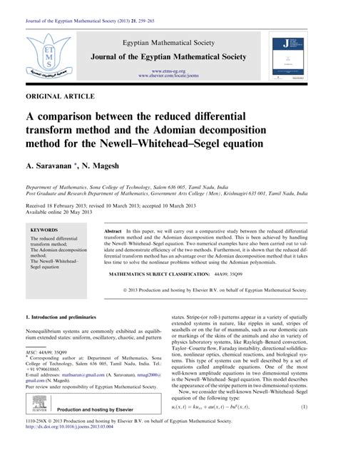Pdf A Comparison Between The Reduced Differential Transform Method And The Adomian