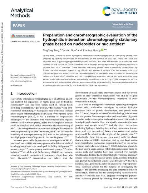 Pdf Preparation And Chromatographic Evaluation Of Hydrophilic Interaction Chromatography