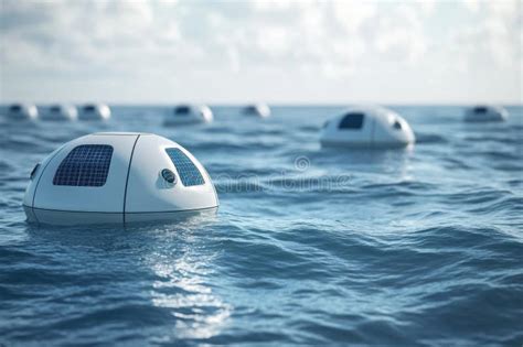 Floating Autonomous Robots Monitoring Ocean Health In A Serene Marine Environment Stock Image