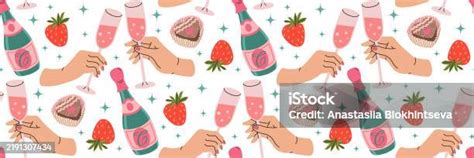 해피 발렌타인 데이 인사말 패턴입니다 두 손이 샴페인 잔을 부딪친다 딸기와 하트 모양의 초콜릿 사탕 로맨틱한 핑크 배경입니다