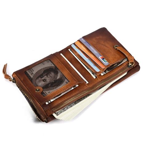 Mens Leather Bifold Wallet Smooth Top Grain Retro Design Brown