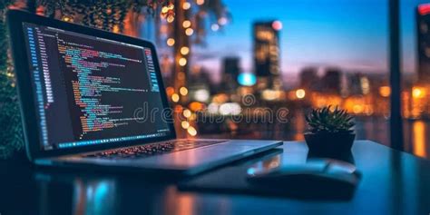 Programmer Writing Code On Laptop In Modern Workspace Focused On Software Development And