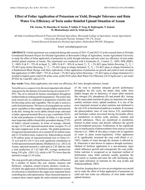 Pdf Effect Of Foliar Application Of Potassium On Yield Drought