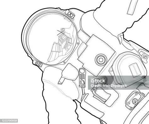 벡터 라인 아트 우주인 디자인입니다 코스모나우트 검정 윤곽 선윤곽 스케치 일러스트레이션 이 흰색 배경에 격리되어 있습니다 우주 비행사에 대한 스톡 벡터 아트 및 기타 이미지