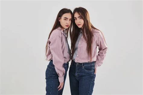 Thumbs Two Sisters Twins Standing Posing Studio White Background