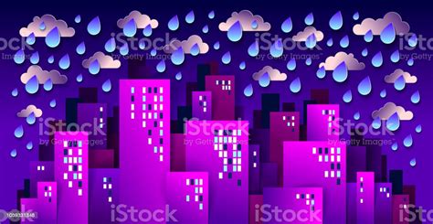 종이에 밤 만화 벡터 일러스트에 비에서 도시 잘라 아이 응용 프로그램 스타일 높은 도시 건물 부동산 주택과 흐린 비가 하늘 자정 0명에 대한 스톡 벡터 아트 및 기타 이미지