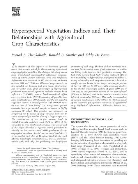 Pdf Hyperspectral Vegetation Indices For Determining Agricultural Crop Characteristics