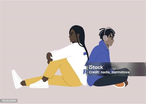 두 명의 사려 깊은 캐릭터가 서로 기대어 등을 맞대고 앉아 친구나 파트너가 어울리고 있습니다 결별에 대한 스톡 벡터 아트 및 기타 이미지 Istock