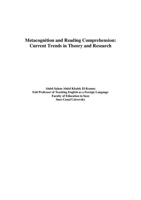 Pdf Metacognition And Reading Comprehension Current Trends In Theory And Research