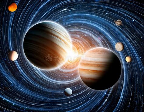 Abstract Binary Star System With Orbiting Planets Stock Illustration
