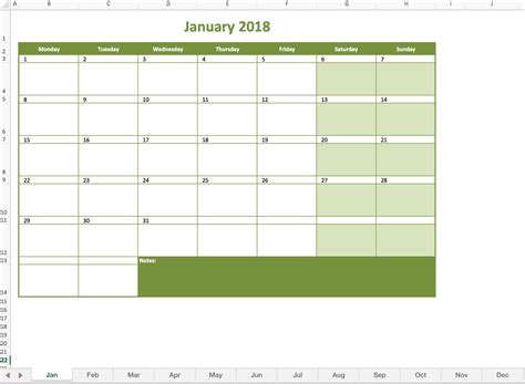 calendar on excel sheet