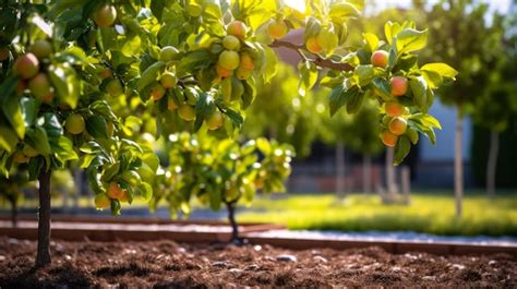 Premium Ai Image Dwarf Columnar Green Apple Trees In The Garden Generative Ai