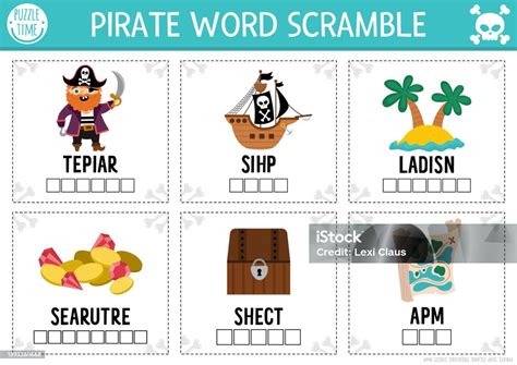 벡터 해적 단어 스크램블 활동 페이지 배 보물 섬 아이들을위한 가슴과 영어 게임 지도 앵무새와 바다 모험 가족 퀴즈 교육용 인쇄 가능한 워크시트 퍼즐에 대한 스톡 벡터 아트
