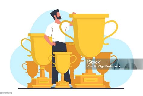 그의 업적과 황금 잔 중에서 성공한 사람 수상 잔 비즈니스 승리 남성 리더십 사업가의 성공 개인 업적 명예와 자부심 벡터 개념 Championship에 대한 스톡 벡터 아트