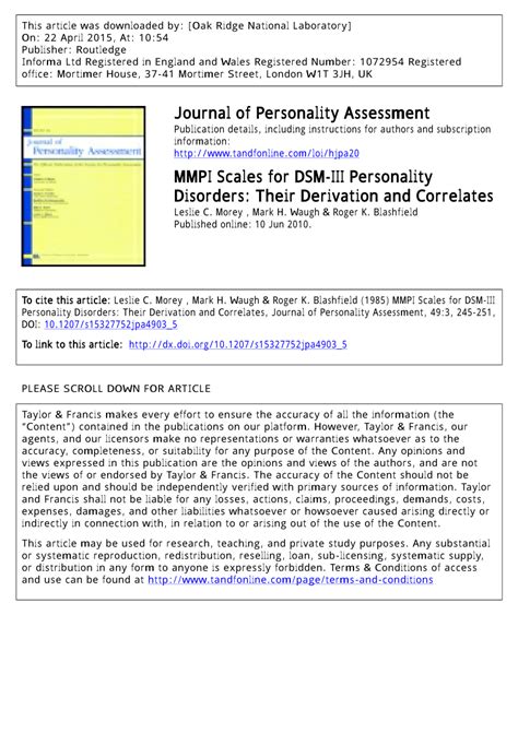 Pdf Mmpi Scales For Dsm Iii Personality Disorders Their Derivation And Correlates