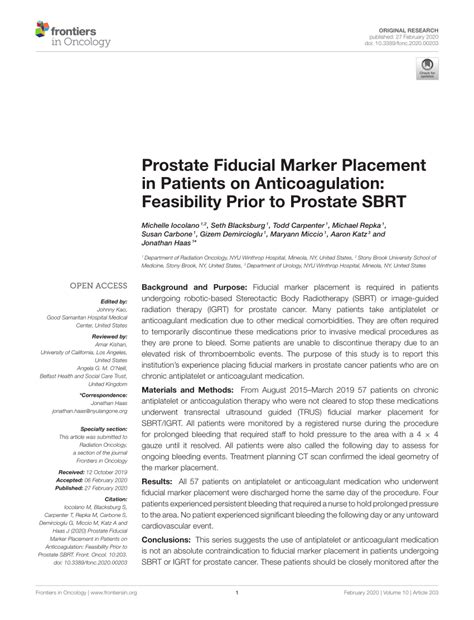 Pdf Prostate Fiducial Marker Placement In Patients On Anticoagulation Feasibility Prior To