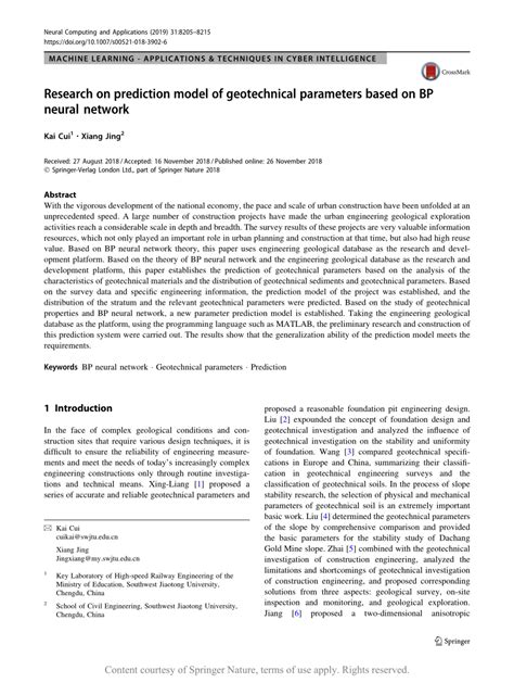 Research On Prediction Model Of Geotechnical Parameters Based On Bp Neural Network Request Pdf