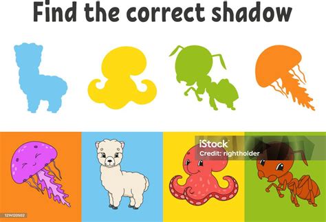 올바른 그림자를 찾습니다 해파리 알파카 문어 개미 교육 워크 시트 아이들을위한 일치하는 게임 색상 활동 페이지 아이들을위한 퍼즐 만화 캐릭터 격리된 벡터 그림입니다 0명에