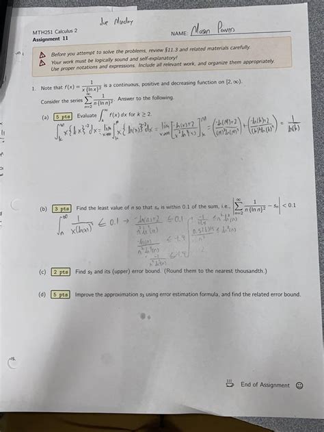 [calculus 2 integral test] i m trying to solve part b for the least