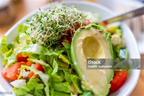알 팔 파 콩나물 빨간 토마토 점심 또는 저녁 식사 매크로 근접 촬영과 다진 양상추와 아보카도 절반 한 화려한 큰 원시 비 건 샐러드 그릇 대형에 대한 스톡 사진 및 기타