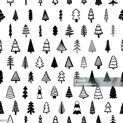 겨울 크리스마스 트리 전나무 소나무 가문비나무가 있는 매끄러운 패턴 배경 휴일 포장 용지의 경우 인쇄하십시오 손으로 그린 선 벡터 그림입니다 12월에 대한 스톡 벡터 아트