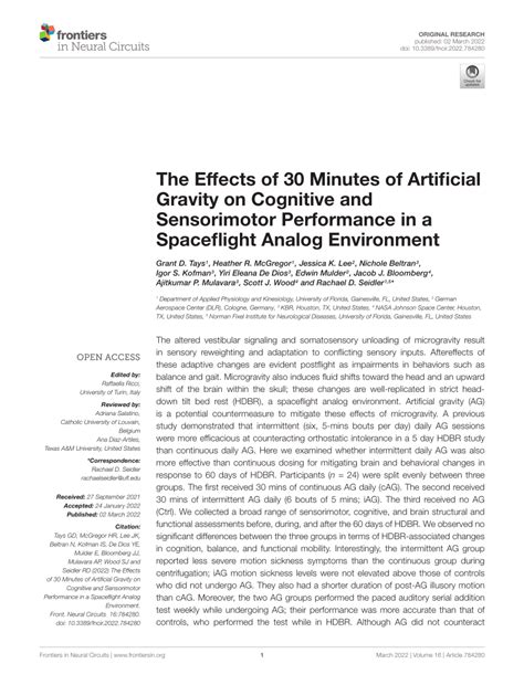 Pdf The Effects Of 30 Minutes Of Artificial Gravity On Cognitive And Sensorimotor Performance