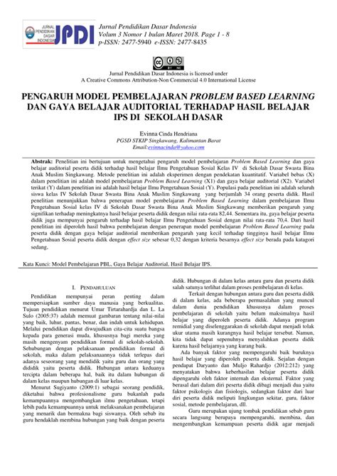 Pdf Pengaruh Model Pembelajaran Problem Based Learning Dan Gaya Belajar Auditorial Terhadap