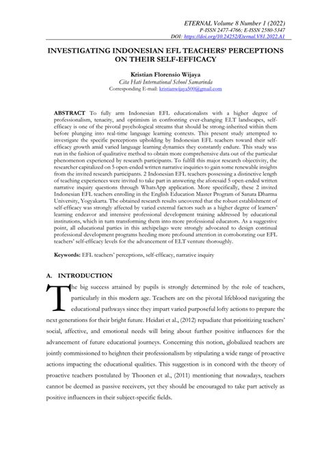 Pdf Investigating Indonesian Efl Teachers Perceptions On Their Self Efficacy