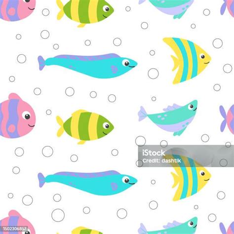 귀여운 다채로운 물고기 벡터 원활한 패턴입니다 바다 생물 유치한 평면 만화 배경입니다 가축에 대한 스톡 벡터 아트 및 기타 이미지 가축 귀여운 그래픽 프린트 Istock