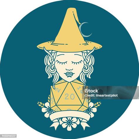 레트로 문신 스타일 엘프 마법사 캐릭터와 자연 20 주사위 롤 굴리기에 대한 스톡 벡터 아트 및 기타 이미지 굴리기 꼬마 요정 마녀 Istock