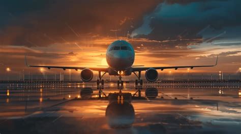 Commercial Airplane On Runway At Sunset With Dramatic Sky Reflection
