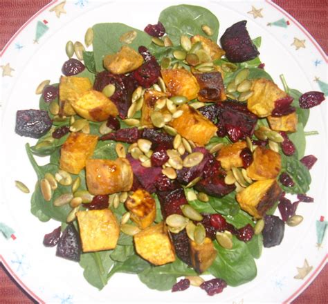 Vegvacious Roasted Beet And Sweet Potato Spinach Salad