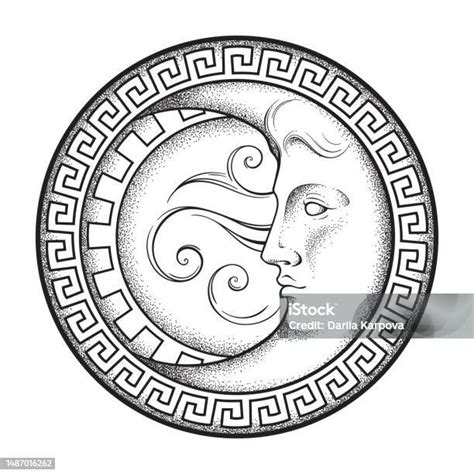 골동품 스타일의 초승달 손으로 그린 라인 아트와 도트 워크 보헤미안 시크 아트 문신 포스터 제단 베일 태피스트리 또는 패브릭 프린트 디자인 벡터 일러스트레이션 로고에 대한