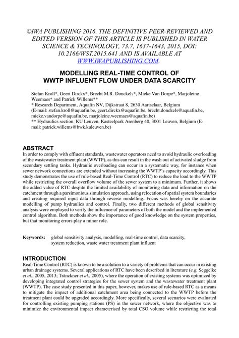 Pdf Modelling Real Time Control Of Wwtp Influent Flow Under Data Scarcity