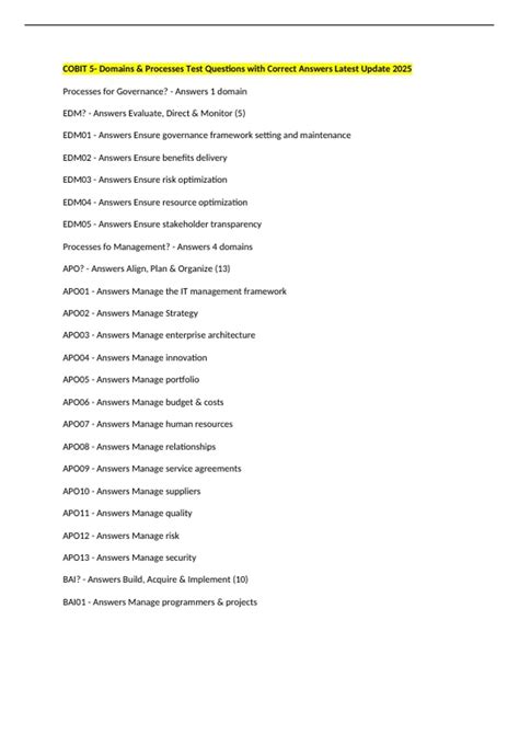 Cobit 5 Domains And Processes Test Questions With Correct Answers Latest Update 2025 Cobit 5