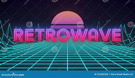Image Of Neon Retrowave Text Flickering Over Pink Sun And Glowing Green Grid Stock Illustration