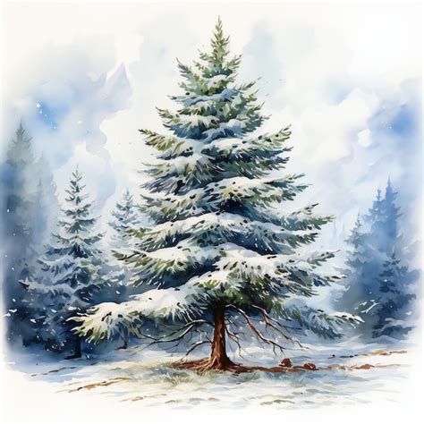 Premium AI Image A Painting Of A Pine Tree With Snow On It