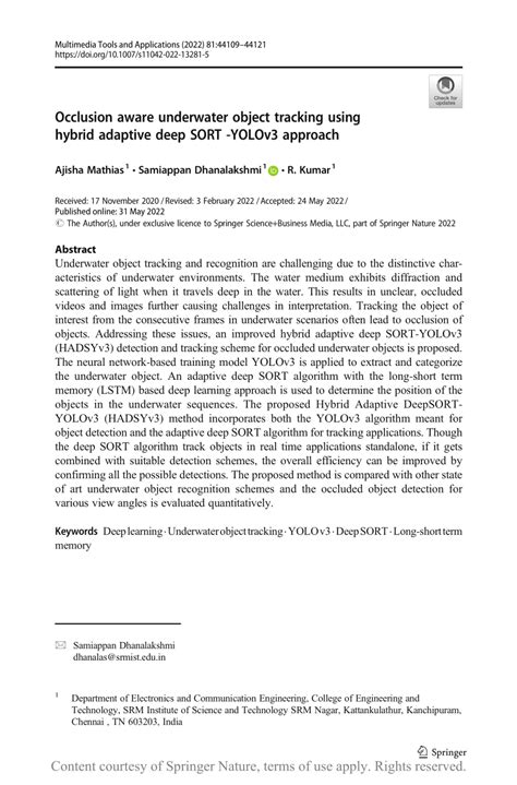 Occlusion Aware Underwater Object Tracking Using Hybrid Adaptive Deep Sort Yolov3 Approach