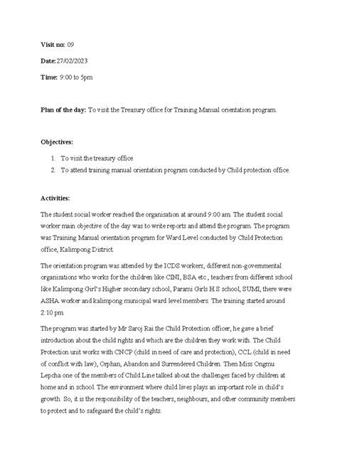 Field Work Assignments Visit No 09 Date2702 Time 900 To 5pm