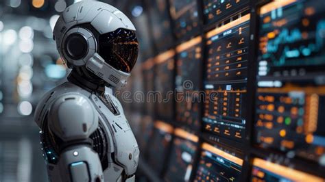 Futuristic Robot Analyzing Complex Data Displays In High Tech Control