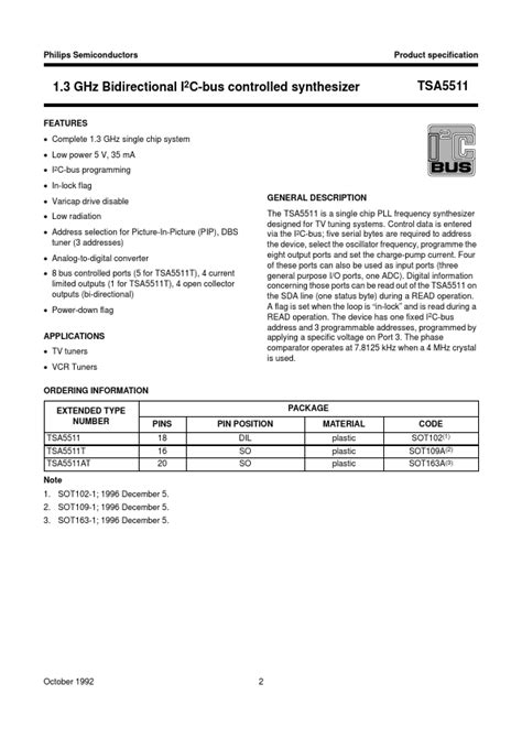 Tsa5511 Datasheet Tsa5511philipspdf 13 Ghz Bidirectional I2c Bus