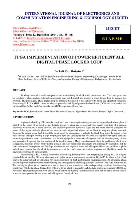Fpga Implementation Of Power Efficient All Digital Phase Locked Loop Pdf