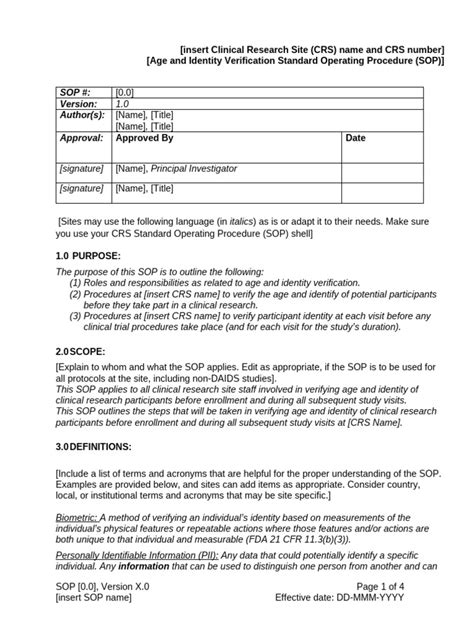 Crs Age Identity Verification Sop Template Pdf Identity Document Clinical Trial